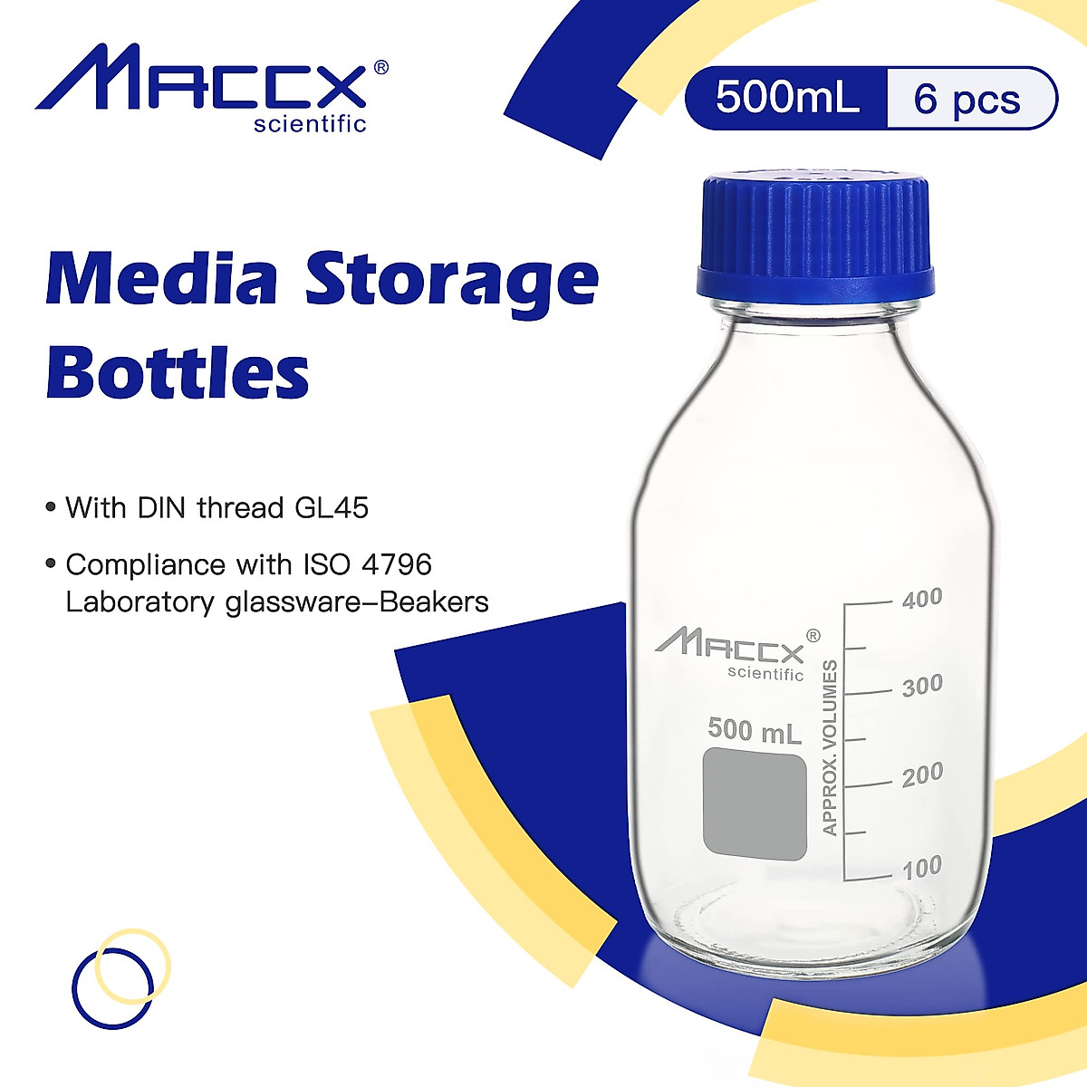 Maccx 17oz (500ml) Glass Round Media Storage Bottles,Pack of 6, Heavy-duty Borosilicate Glass Bottle with GL45 Screw Cap, GL45RB500-006