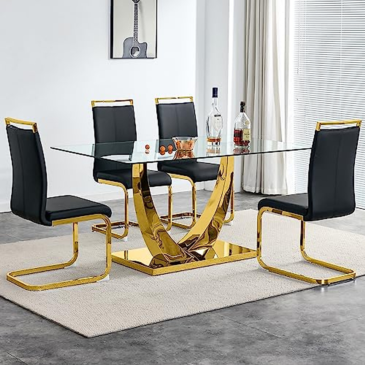 63in Glass Dining Table for 6 with Steel Base, Rectangle Dining Room Table Kitchen Table with Golden U-Shape Bracket, Luxury Dining Table for 4 or 6, Dinner Table for Living Room Banquet Hall
