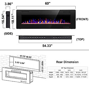 Joy Pebble 60 inch Electric Fireplace Inserts, in-Wall Recessed and Wall Mounted 750/1500W Fireplace Heater, Touch Screen, Remote Control with Timer, Adjustable Flame Color and Speed