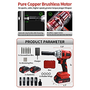 SKOVENSY Cordless Impact Wrench 258Ft-lb（350N.m）, 1/2 Impact Gun, 2 Batteries, Pistola de Impacto, with 5 Sockets, Electric Impact Driver for Car Tires and Home RED