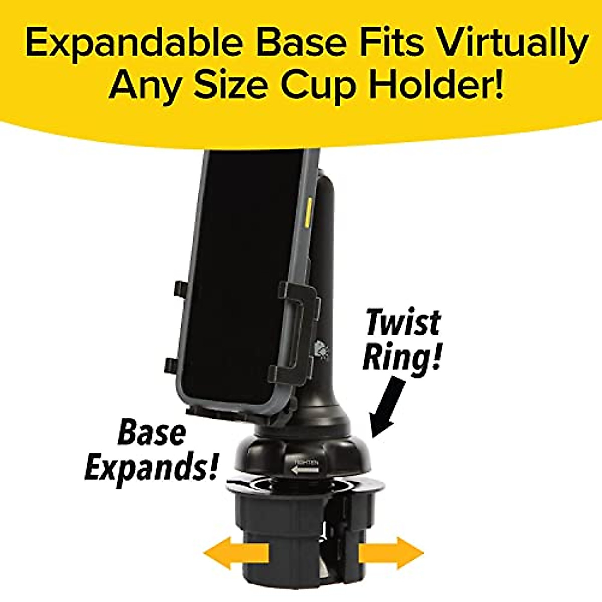 BulbHead Phone Crane Mount for Car, As Seen On TV, Ultra-Long Arm Raises Over a Foot Higher, Drive Safer, 360° Rotation, Vertical & Horizontal Adjustment, Twistable Base Fits Any Cupholder