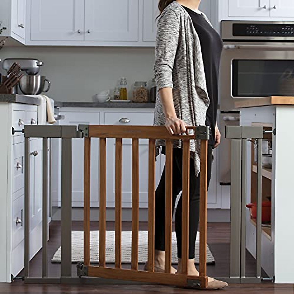 Summer West End Safety Baby Gate, Honey Oak Stained Wood with Slate Metal Frame – 30” Tall, Fits Openings up to 36” to 60” Wide, Baby and Pet Gate for Wide Spaces and Open Floor Plans