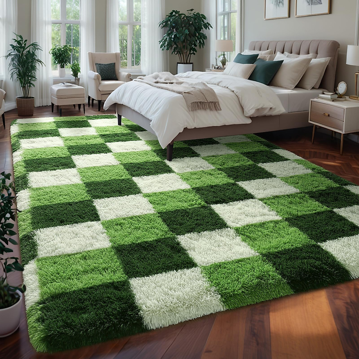Larhom Modern Checkerboard Rug for Living Room Bedroom, 4x6 Ft Green Checkered Fluffy Carpet, Thickened Memory-Foam Area Rug for Kids Nursery Dorm, Home Decor, Anti-Slip and Easy to Clean