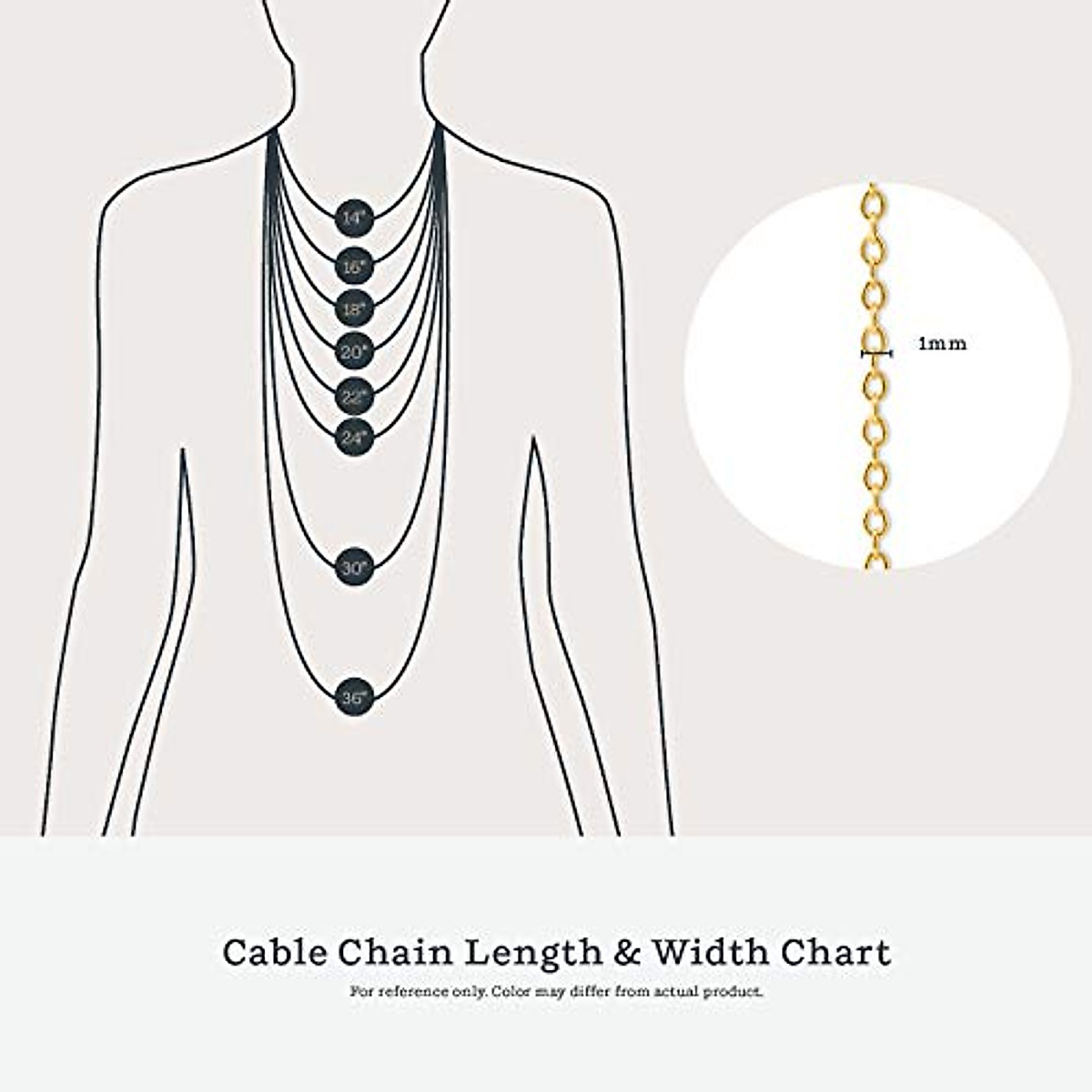 KEZEF 18Kt Gold Chain Necklace for Women, 1.3mm Silver Cable Chain, 16 Inch, with Spring-Ring Clasp, Italian Made