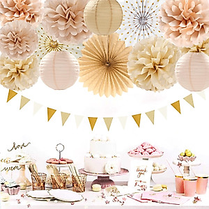 Beige-Champagne Gold White-Peach Boho Party-Decorations - 20pcs Neutral Baby Shower Rustic Wedding Paper Lanterns Fans,Tissue Pom Poms,Honeycomb Balls,Bunting,Birthday Bridal Decor Burgleda