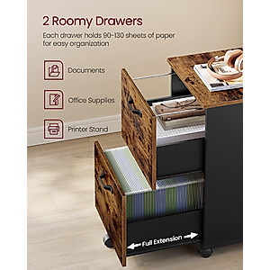 VASAGLE File Cabinet, with 2 Drawers, Mobile Filing Cabinet with Wheels, for A4, Letter Sized Documents, Hanging File Folders, Rustic Brown and Black UOFC040B01