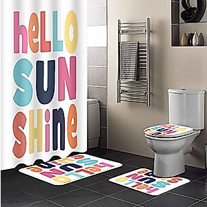 SDDSER Hello Sunshine Shower Curtain Set, 4PCS Bathroom Sets with Shower Curtain and Bath Mat, Toilet Lid Cover and U Shaped Rugs, 71"x72" Polyester Fabric Bathtub Curtain with Hooks, SETLSSD43