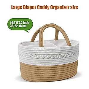Twira Large Baby Diaper Caddy, Diaper Basket with Divider, Convenient Nursery Storage Box, Rope Diaper Box Organizer for Diapers, Changing Table Diaper Organizer (Brown & White)
