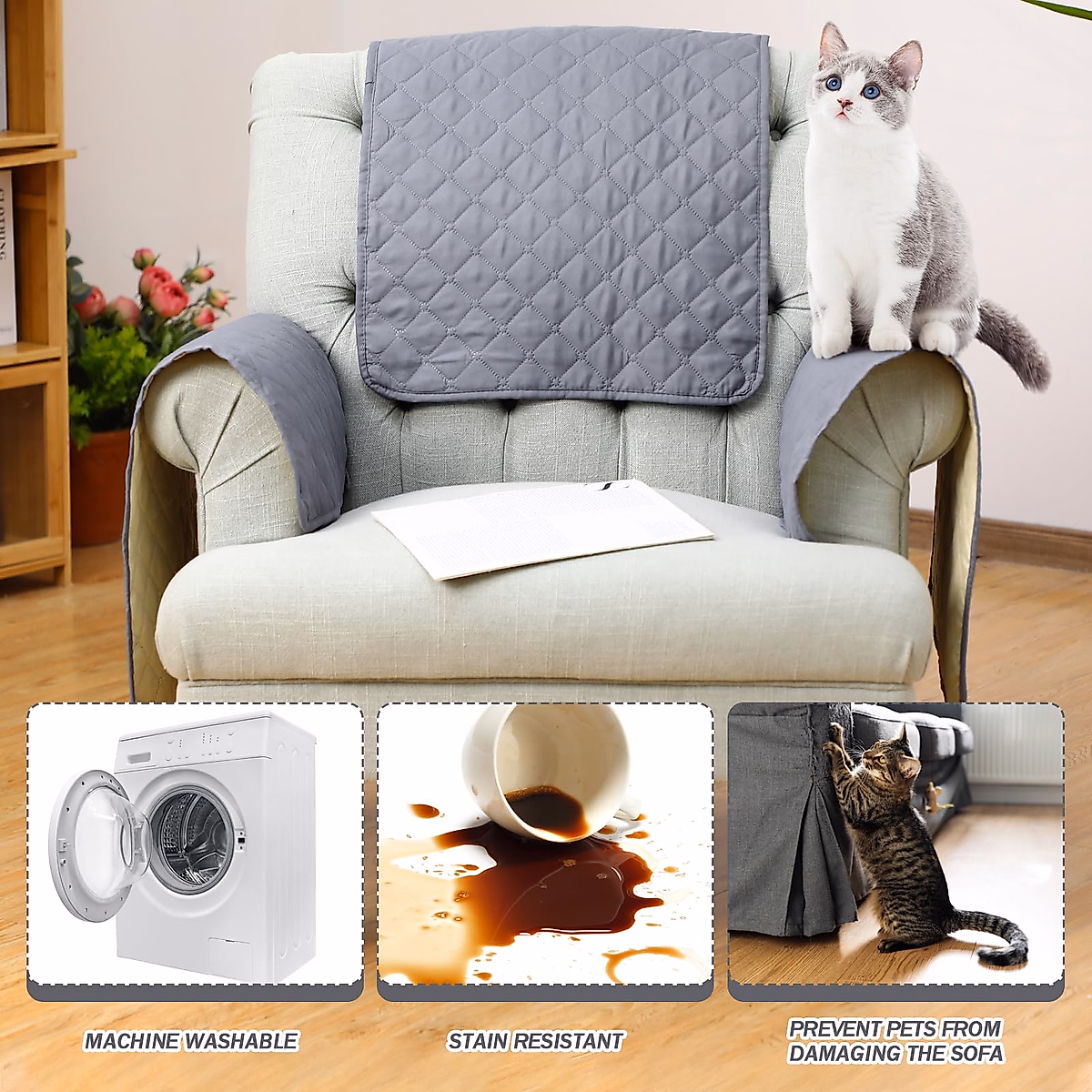 Ganeen 3 Pcs Sofa Armrest Cover 1 Seater Sofa Headrest Slipcovers Nonslip Armchair Cover 27 x 17 Inch Water Proof Furniture Protector with Pocket for Recliner Leather Sofa Couch(Gray)