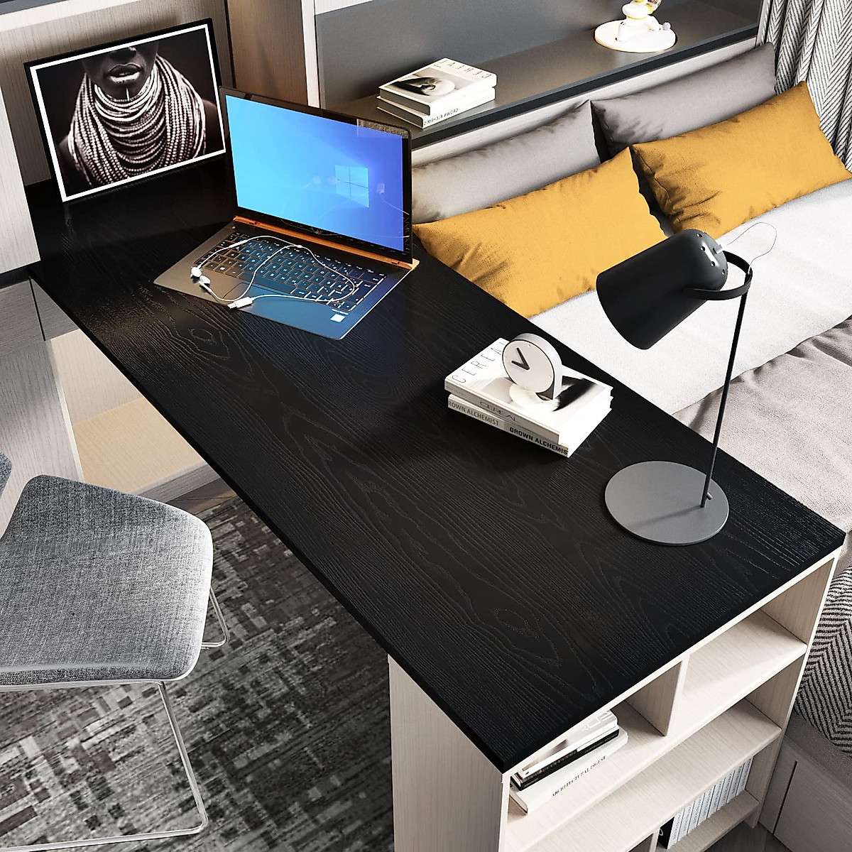 Skyblur 24" x 118" Black Wood Contact Paper for Cabinets Peel and Stick Countertops Wallpaper Wood Grain Dark Wall Paper Self Adhesive Removable Vinyl Black Contact Paper for Counter Tops Desktop