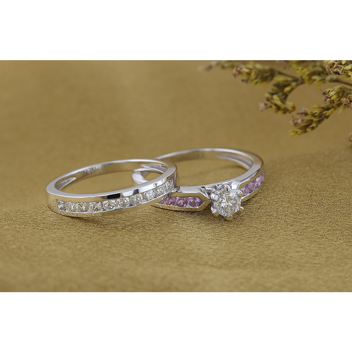Dazzlingrock Collection Round Pink Sapphire & White Diamond Ladies Wedding Ring Set in 14K White Gold, Size 8