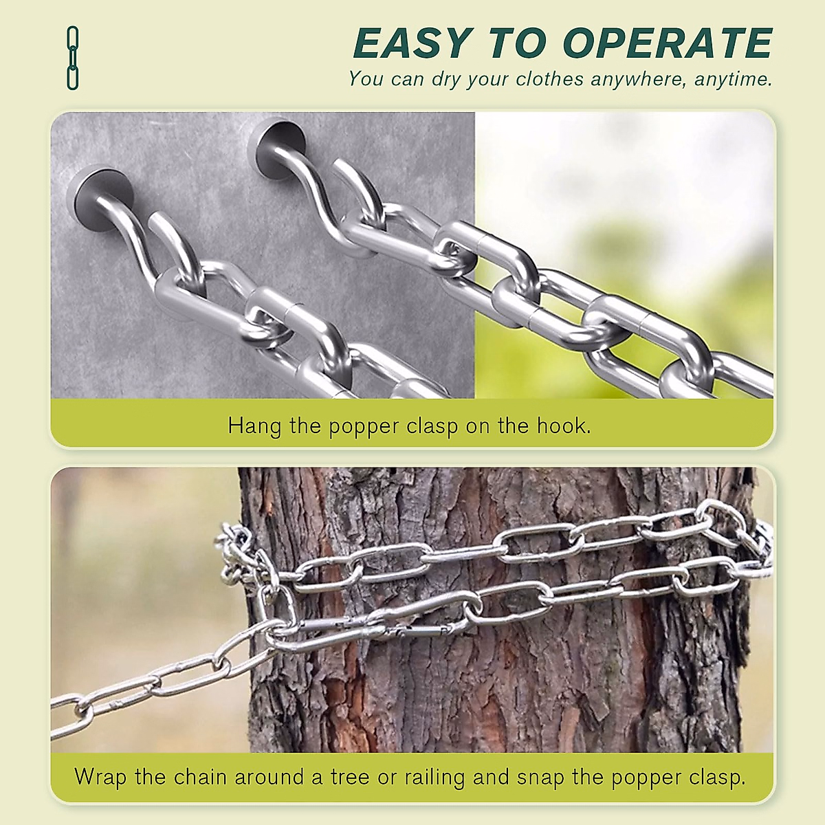 Akascord Clothes Line Chain, Dog Chain Outdoor Travel Clothesline Dog Leads for Yard 304 Stainless Steel Heavy Duty Chain Link Fence