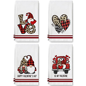 AnyDesign Valentine's Day Kitchen Dish Towels 18 x 28 Inch Love Heart Gnome Truck Dishcloth Decorative Tea Towel Hand Towel Holiday Cloth Towel for Bathroom Cooking Baking Housewarming Gift, 4 Pack