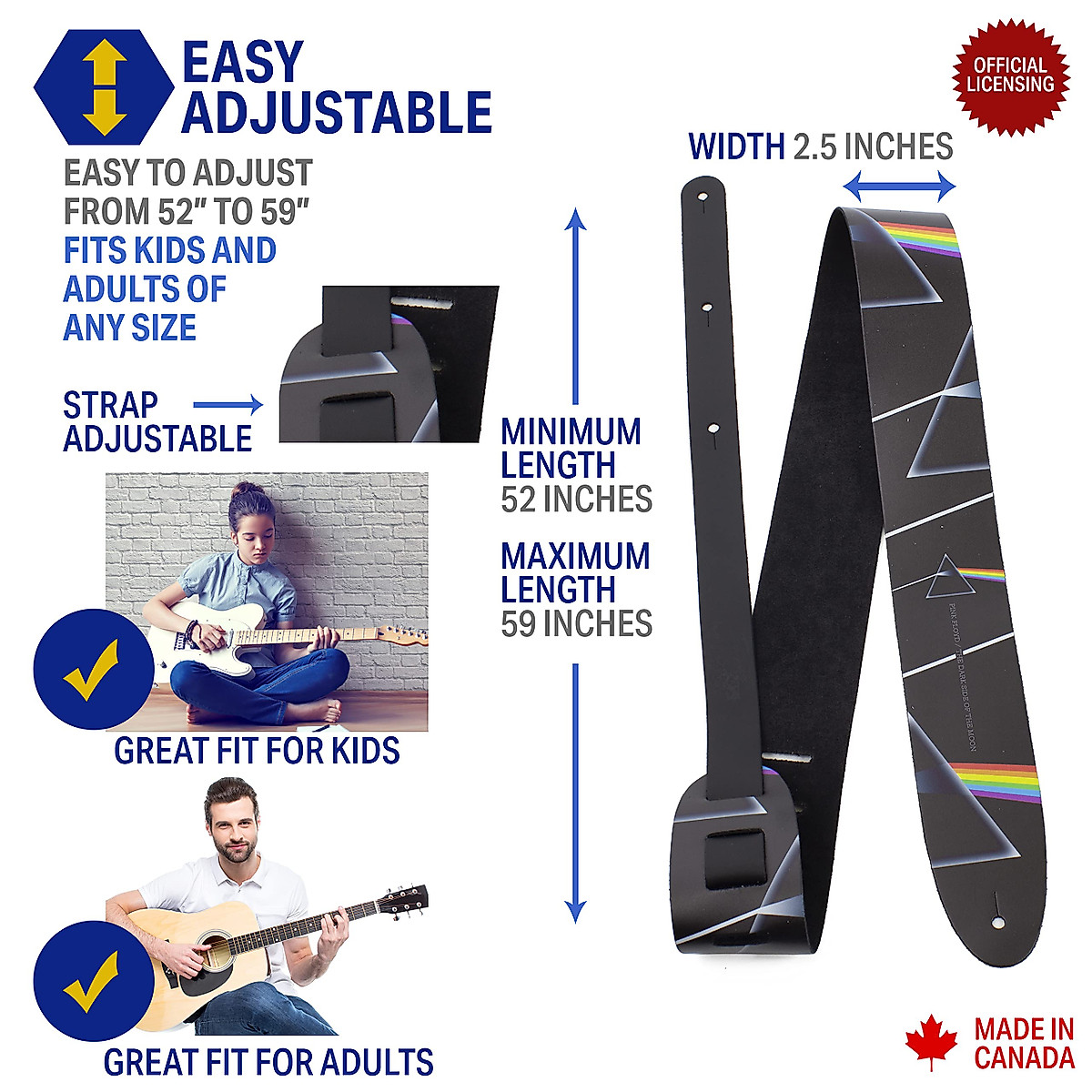 Perri's Leathers, Official Pink Floyd Licenced Leather Guitar Strap, Direct to Leather Series, Anti-Slip, Adjustable from 42.5" to 56" Inch, Compatible w/All Button Lock Systems