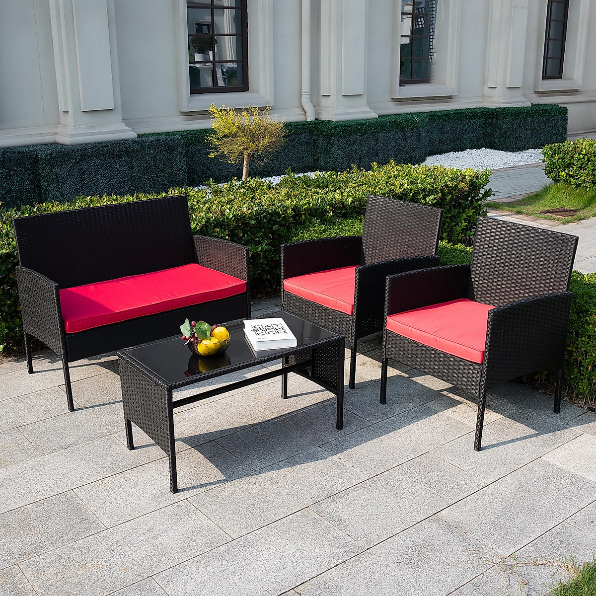 Tappio 4 Piece Patio Conversation Wicker Furniture Set, Outdoor PE Rattan Chair Wicker Sofa Sectional Furniture Set, Porch Furniture Set for Garden Yard Porch