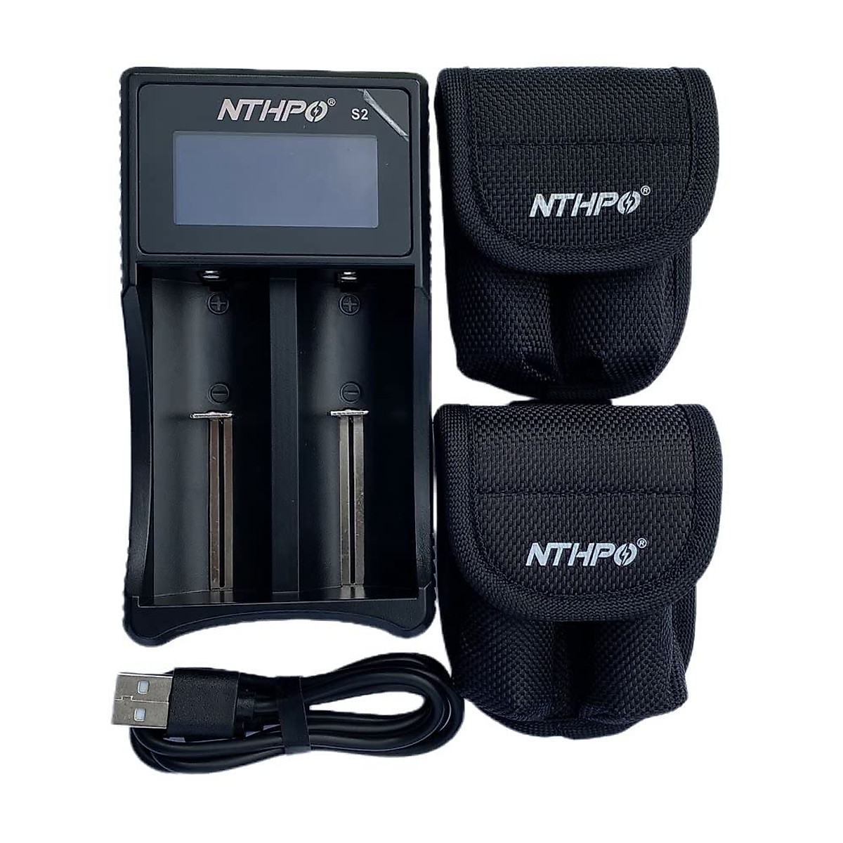 NTHPO S2 One Speedy Charger with Two Battery Storage Bags, LCD Display Intelligent Charger for Rechargeable Li-ion 26650 22650 18650 18490 18350 4500 RCR123, Ni-MH A AA AAA Batteries