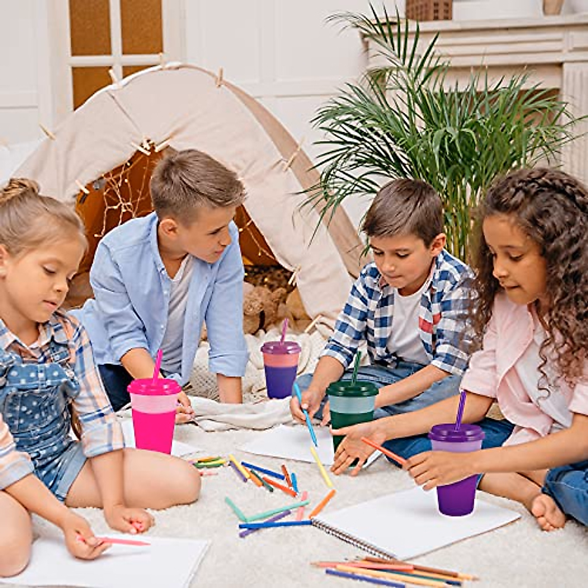 Patinao Color Changing Cups Tumblers with Lids & Straws for Kids - 7 Reusable Plastic Bulk Tumblers 12oz Cold Cup Tumbler Set for Kids