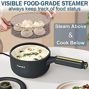 TOPWIT Hot Pot Electric with Steamer, 2L Multifunctional Electric Pot, Non-Stick Fring Pan, Portable Pot for Steak, Fried Rice, Ramen, Soup with Dual Power Control (Silicone Spatula Included), Grey