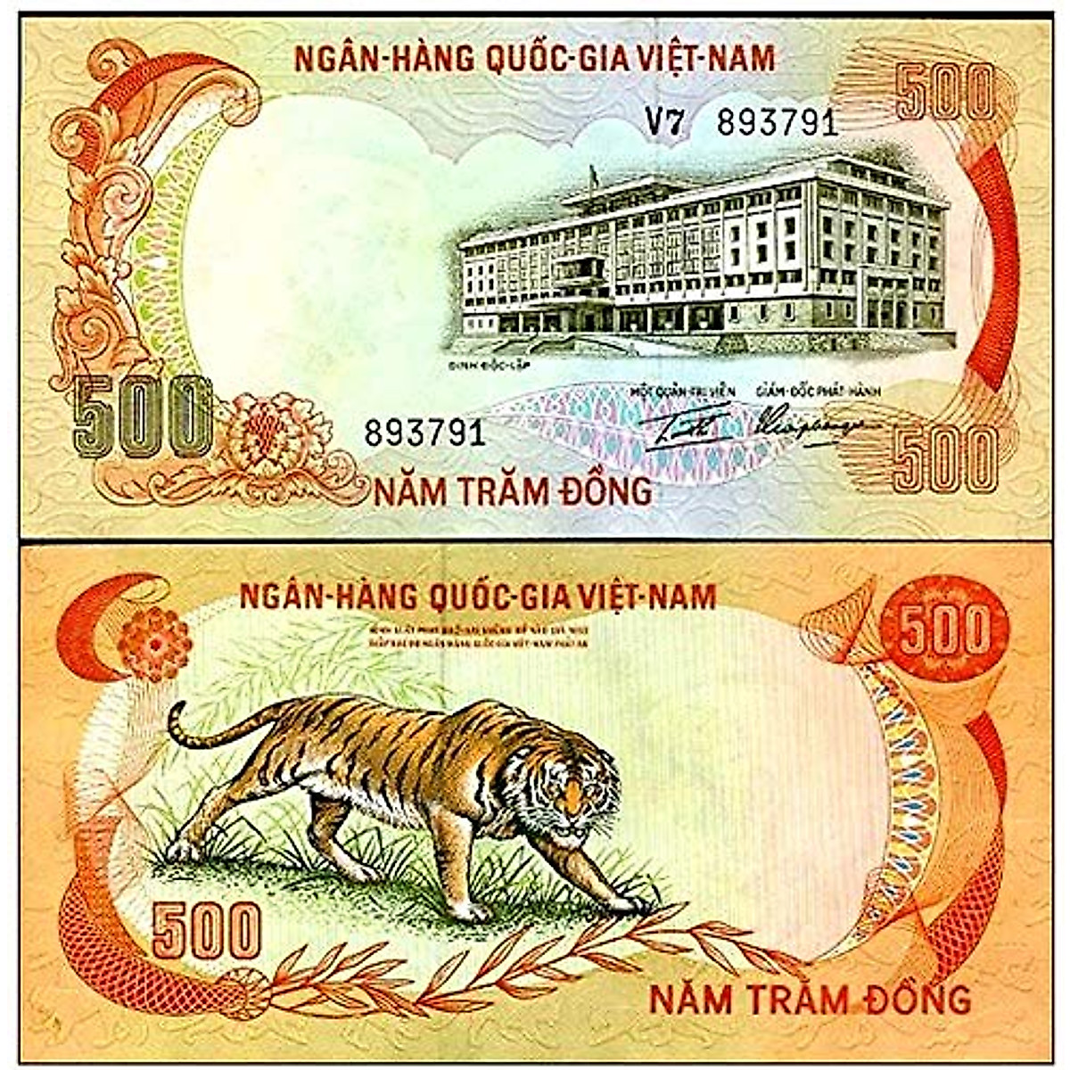 1972 VN AWESOME 1972 VIETNAM WAR TIGER BILL!! LAST SOUTH VIETNAM ISSUE BEFORE ITS FALL!! RARE!! 500 DONG Crisp Uncirculated