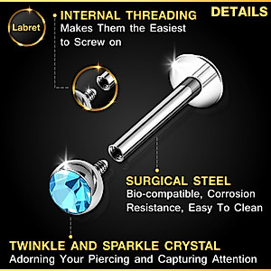 2PCS Steel Internally Threaded Lip Studs 16g 5/16 8mm 4mm Aquamarine Crystal Ball Helix Earrings Medusa Piercing Jewelry 8421