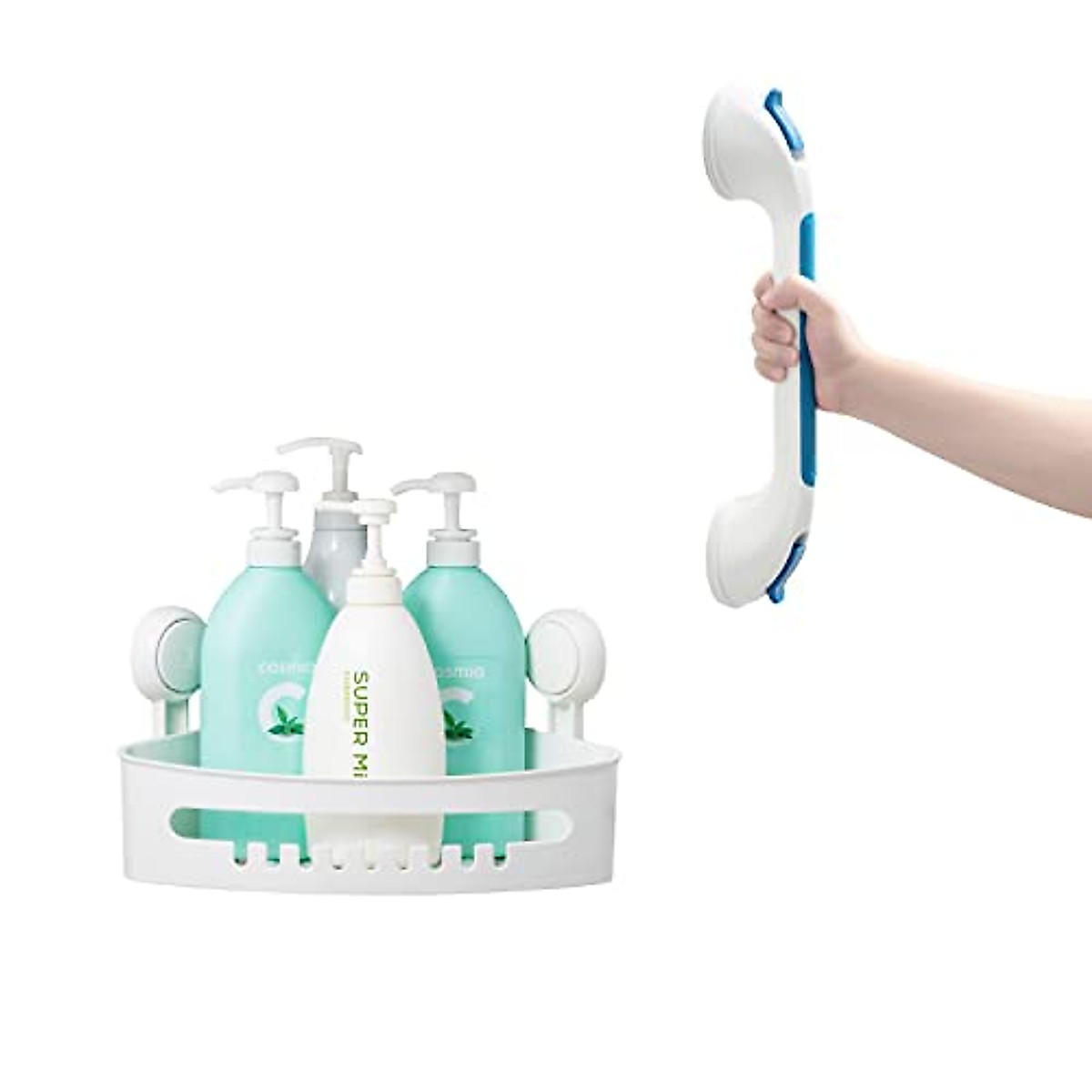TAILI Suction Shower Grab Bar + Corner Shower Caddy Bathroom Safety Handle Bathroom Organizer No Drilling and Removable Suction Mounted