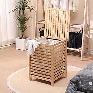 BELIFEGLORY Laundry Hamper with Lid Bamboo Laundry Basket with Removable Liner Bag Dirty Clothes Hamper, 15 x 15 x 21.9 Inches