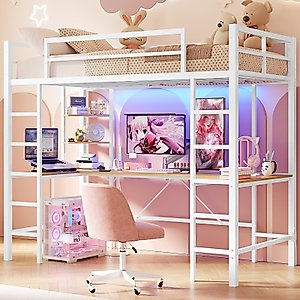 Hasuit Twin Metal Loft Bed with U-Shaped Desk, Charging Station &LED Lights, Twin LED Loft Bed with Open Storage Shelves, Safety Guardrail & Double Ladder,No Box Spring Needed, White Loft Bed
