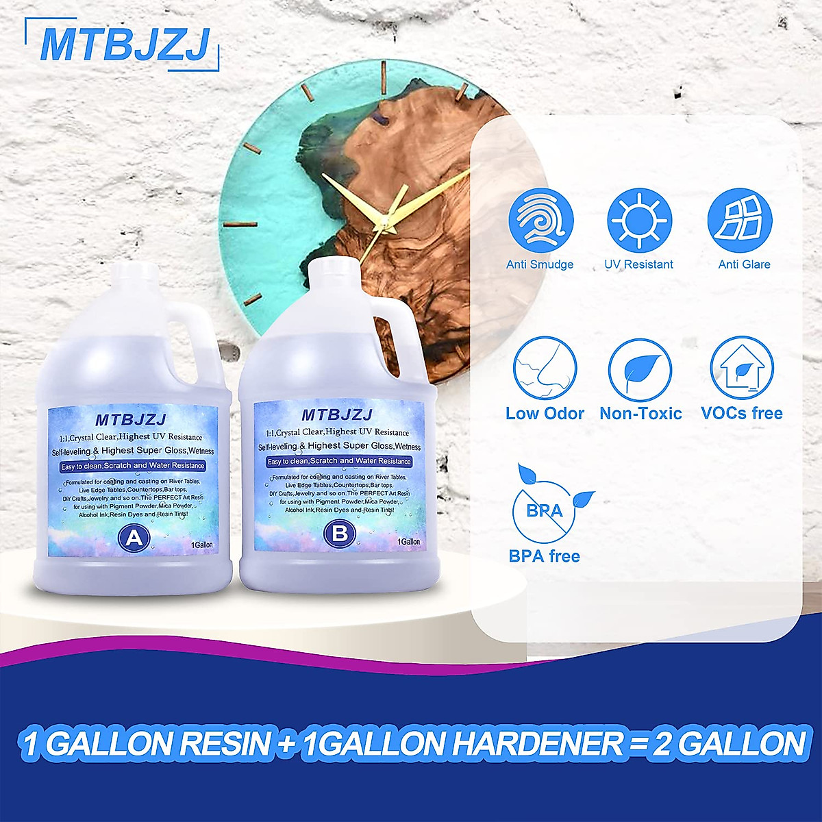 Epoxy Resin 1 Gallon Kit | MTBJZJ Supplies 1:1 Crystal Clear Resin and Hardener for Super Gloss Coating | for Bars, Tabletop Art Jewelry Casting Molds DIY