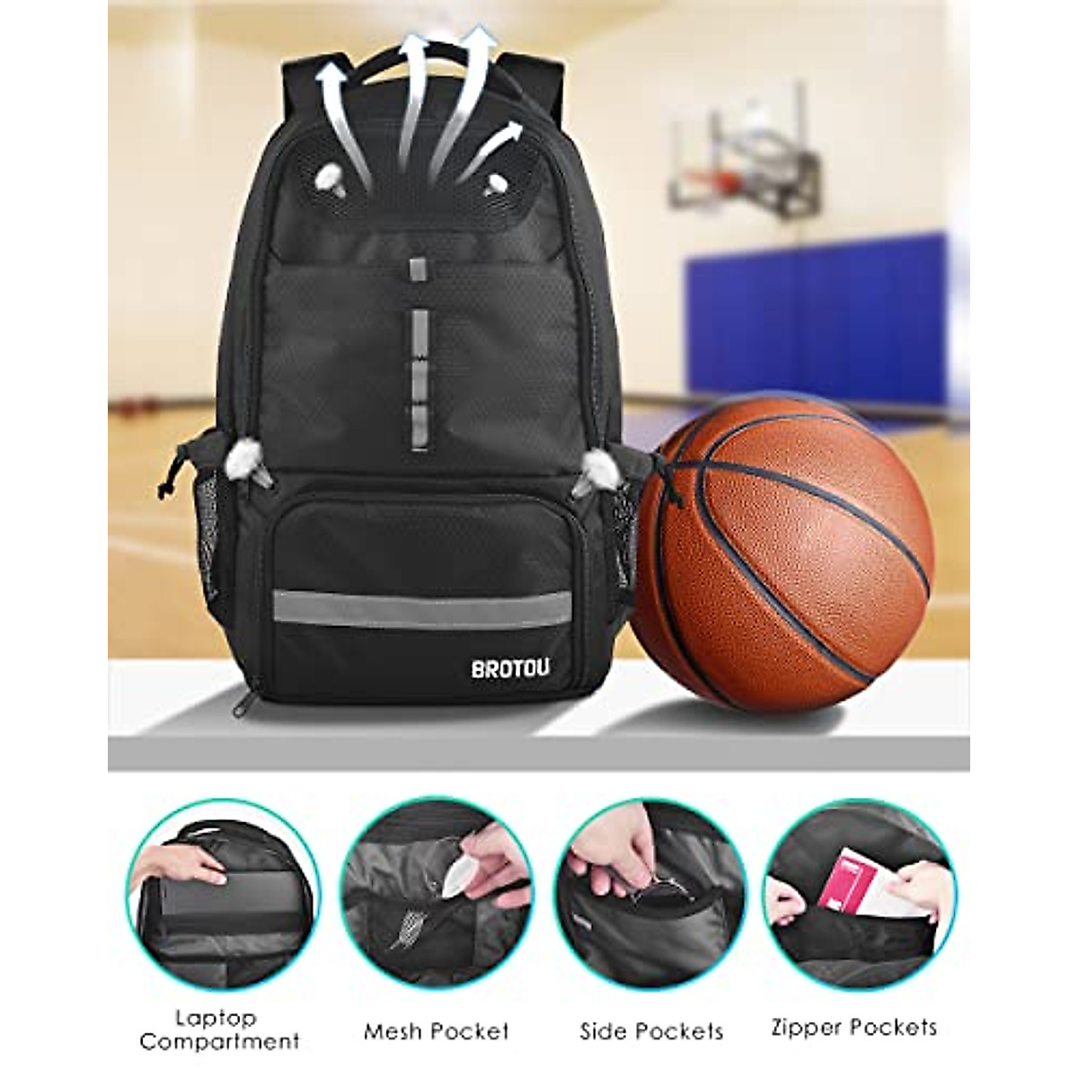 BROTOU Soccer Bag, Basketball Backpack with Ball Compartment, Soccer Backpack for Basketball/Volleyball/Football, Large Capacity Sports Equipment Bags for Men/Women (Black new)