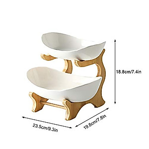 Ceramic Fruit Bowl Double Layer Porcelain Tiered Vegetable Serving Tray Dessert Appetizer Cake Dish with Wood Stand for Wedding Banquet(Small ,9.3 X 7.8 X 7.4inch/23.5 x 19.8 x 18.8cm)