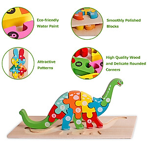 SHIERDU Wooden Puzzles for Kids, Toddler Number Puzzle, Old Wooden Dinosaur Puzzles and Animal Jigsaw Toys for Boy Girl Ideal Gift, 2-6 Years, Pack of 6, 2-1