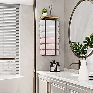 Towel Racks for Bathroom, Towel Rack Holder Wall Mounted Towel Storage, Homeiju Metal Towel Holder with Bamboo Shelf, Wall Towel Storage Rack Shelf for Rolled Towels, Black