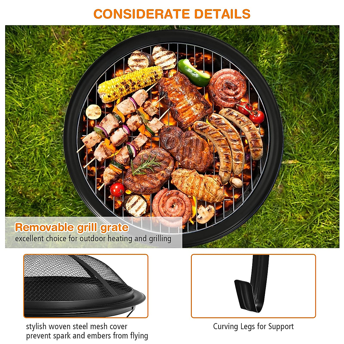 Giantex 22" Outdoor Firebowl, Portable Firepit Bowl with BBQ Grill Mesh Spark Screen Cover, Poker and 2 Log Grates/Grilling Grate and Wood Grate, Wood Burning Fire Pit w/Grilling Handle