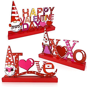 TURNMEON 3 Pcs Valentine's Day Table Decorations Sign Love Red Heart XoXo Gnome Happy Valentines Day Wooden Table Centerpieces Decoration for Valentine Home Office Decor Dinner Room Party Coffee