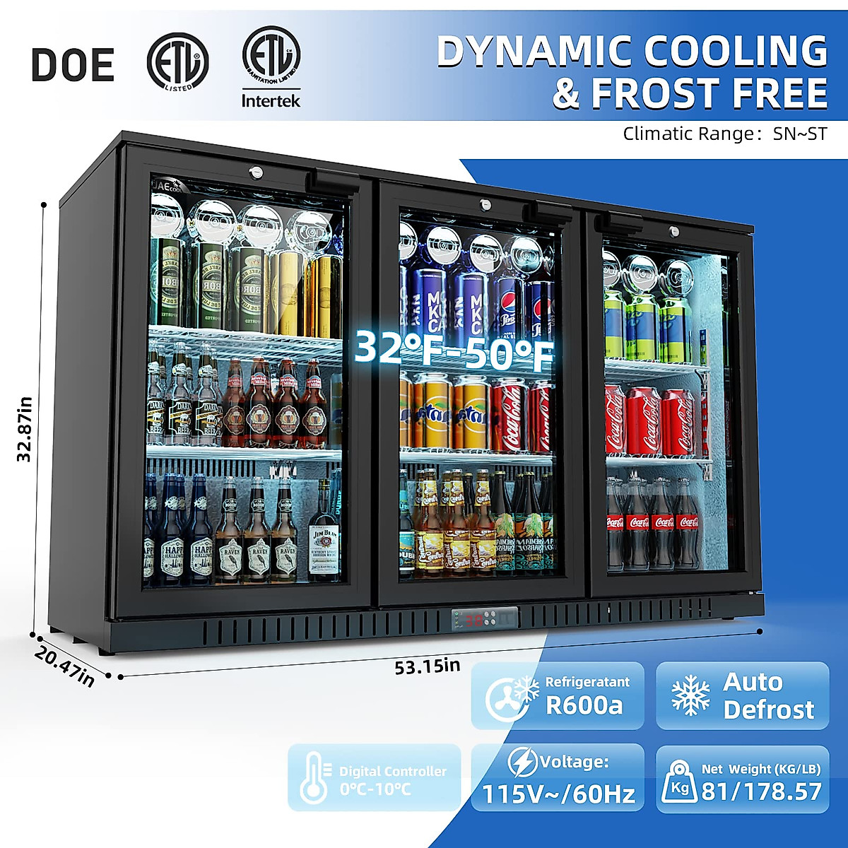 JAECOOL Back Bar Cooler Commercial Counter Height Refrigerator with 3-Doors, 10.9 cu ft Beverage Cooler Undercounter Refrigerator, Commercial Display Fridge, Auto-defrost, Eco-friendly Compressor, ETL