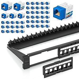 Everest Media Solutions Bundle – 2 Items: 24-Port Keystone Patch Panel + 50 Pack of RJ45 CAT6A Keystone Jacks - Blue
