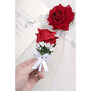 Aivanart Corsage and Boutonniere Set for Weddings，Burgundy Red Artificial Flower Wristlet Boutineers for Bride Shower Prom Formal Dinner Party Anniversary