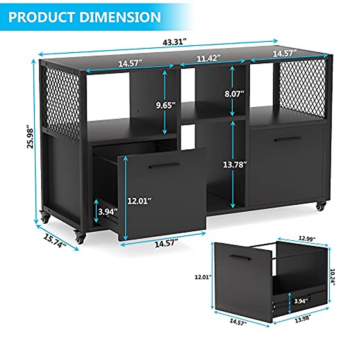 Tribesigns 2 Drawer Wood File Cabinets, Modern Mobile Lateral Filing Cabinet for Letter/ A4 Size, Printer Stand with Open Storage Shelves and Drawer for Home Office, Black
