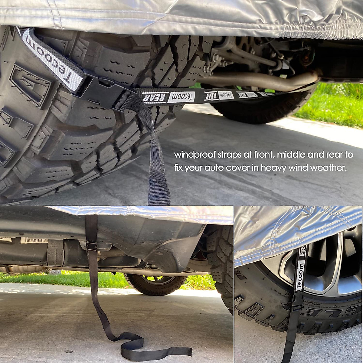 Tecoom Heavy Duty Multiple Layers Car Cover All Weather Waterproof Windproof Reflective Snow Sun Rain Protective Outdoor with Buckles and Belt Fit 191-200 Inches Sedan