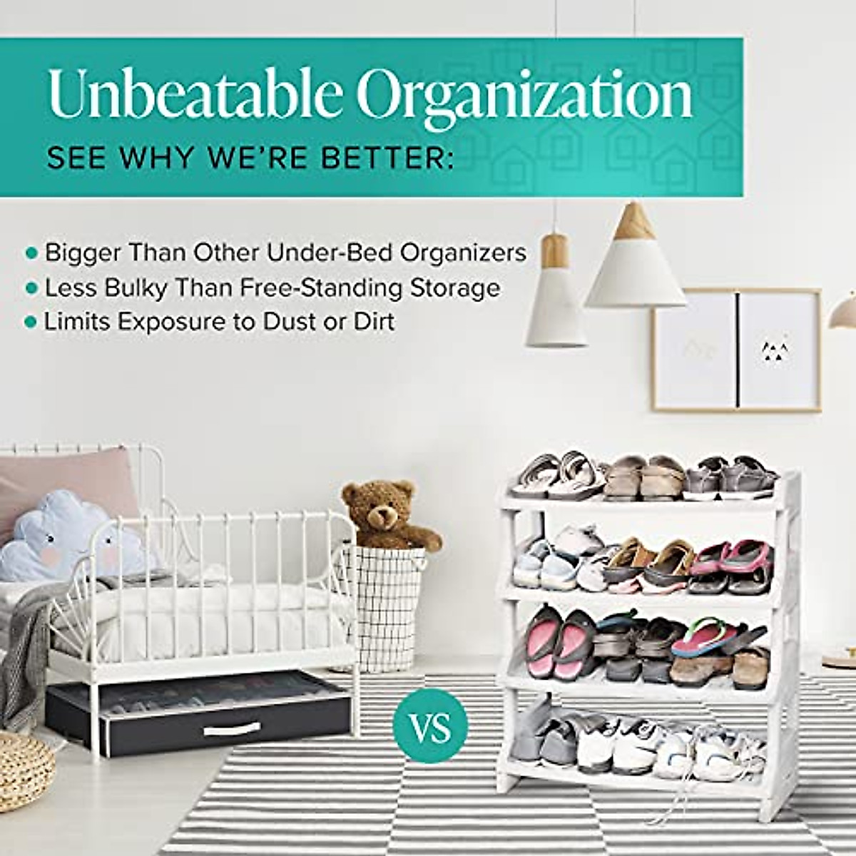 Woffit Under Bed Shoe Storage Organizer – Set of 2 Large Containers, Each Fit 12 Pairs of Shoes – Sturdy Box w/Strong Zipper & Handles – Underbed Organizers for Kids & Adults