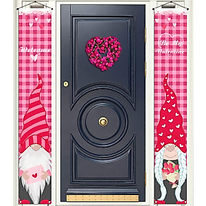 Rainlemon Welcome Be My Valentine Swedish Gnome Porch Banner, Pink Buffalo Check Plaid, Valentine's Day Front Door Sign Decoration