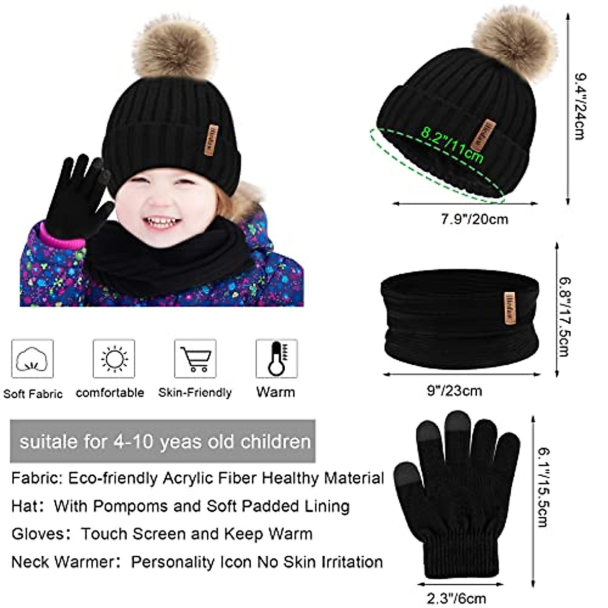 Hicdaw Kids Winter Hats Gloves Scarf Set Warm Knitted Touchscreen Gloves Toddlers Baby Beanie Hat with Fur Poms for Boy Girl, Black