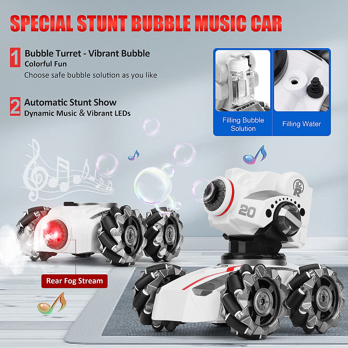 CXJ 3 Head RC Car,Rc Tank Car Shooting Water Bullets Remote Control Car, Kids 4WD Battle Stunt Car, Blow Bubble, Shoot Foam Darts, 360°Rotating, LEDs, Music, Toy Gifts for 6-15 Years Old Boys Girls