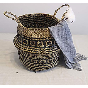 Yesland 3 Pcs Woven Seagrass Belly Basket for Storage, Ideal Cross Pattern Plant Pot, Laundry & Picnic Basket for Home or Outdoor Use - Black (S,M,L)