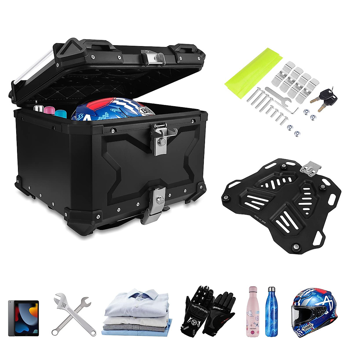 FANCYTIMES 55L Motorcycle Top Case,Aluminum Motorcycle Trunk Waterproof Tour Tail Box with Security Lock for Store Helmet Large Luggage