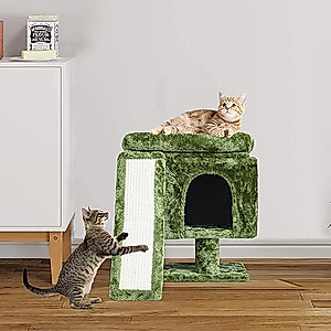 SYANDLVY Small Cat Tree for Indoor Cats, Kittens Condo with Scratching Post and Board, Cat Cave, Modern Cat Activity Tower with Plush Perch (Green)