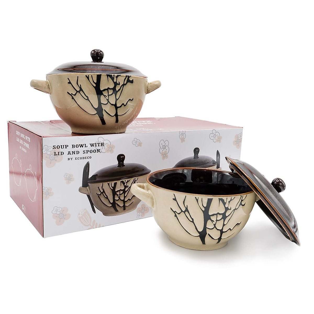 ECODECO Bake & Serve - Large Ceramic Soup Bowls With Handles - 30 Ounce - Set of 2 - Oven-, Microwave and Dishwasher Safe Pots with Lids