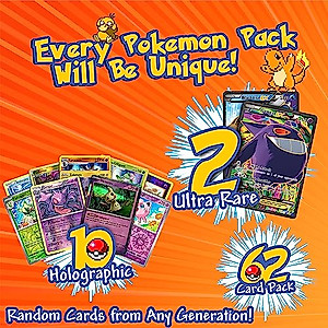 Ultra Rare PKMN Cards Starter Pack - 10 Holo, 2 Ultra Rare, 50 Assorted Cards with Deck Box – No Duplicates - Limited Edition | Surprise Your Friends & Boost Your Collection and Battle Skills- 62 Pack