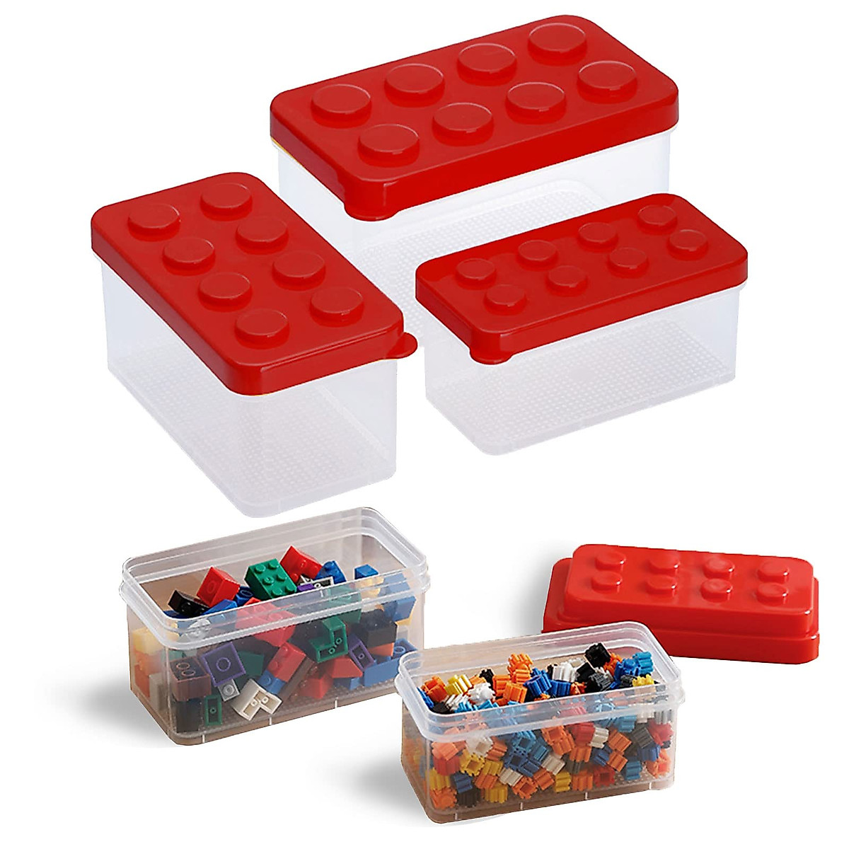 Mivofun Small Toys Storage Containers Set of 3, Organizers Bin with Brick Shaped Lids, for Building Blocks Parts, Puzzles, Small Items, Crafts, Jewelry, Hardware - Plastic Chest
