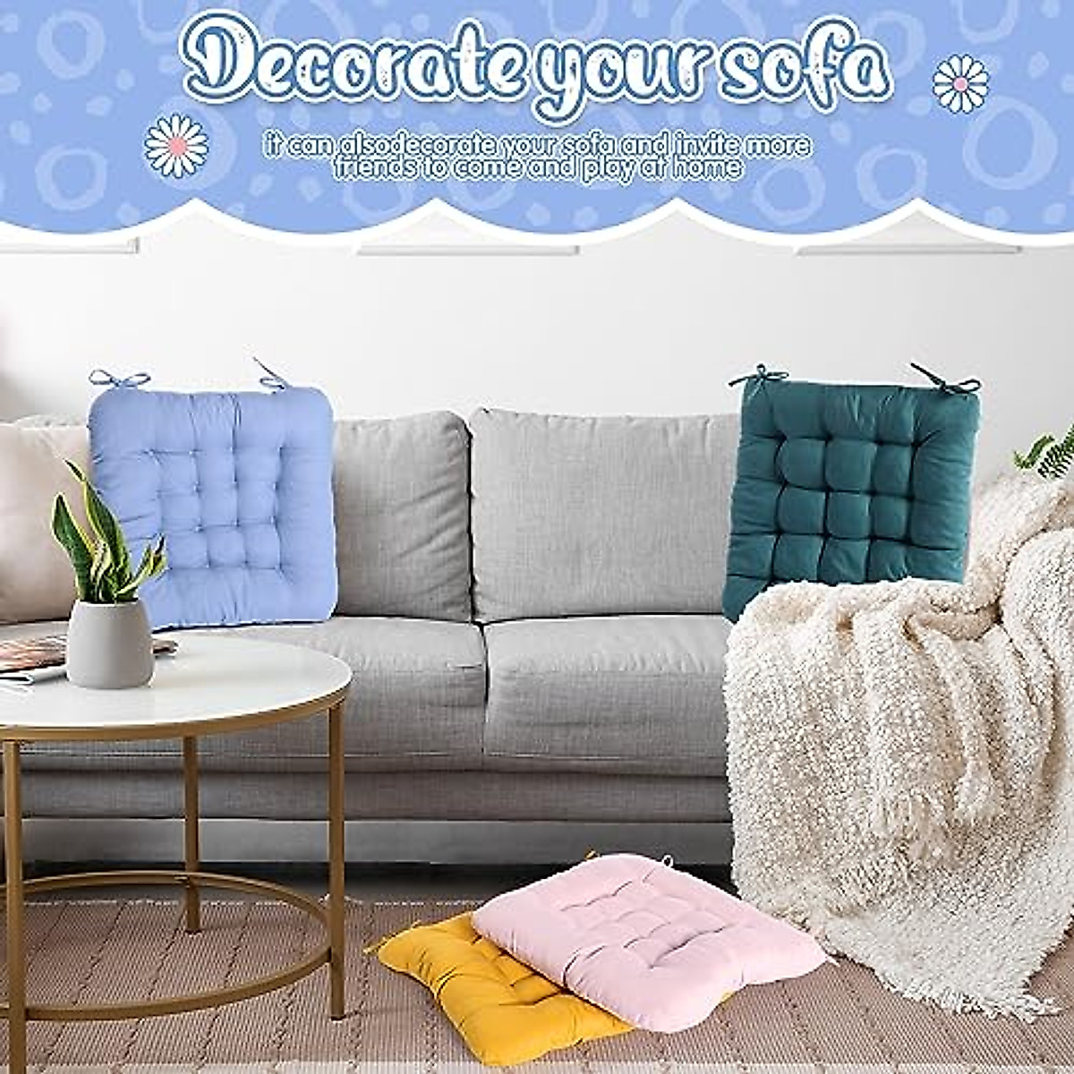 Barydat 8 Pcs Chair Cushions 15 x 15 Inch Dining Chair Pads with Ties Square Patio Thick Soft Chair Cushions for Outdoor Kitchen Patio Room Indoor Car Office, 8 Colors